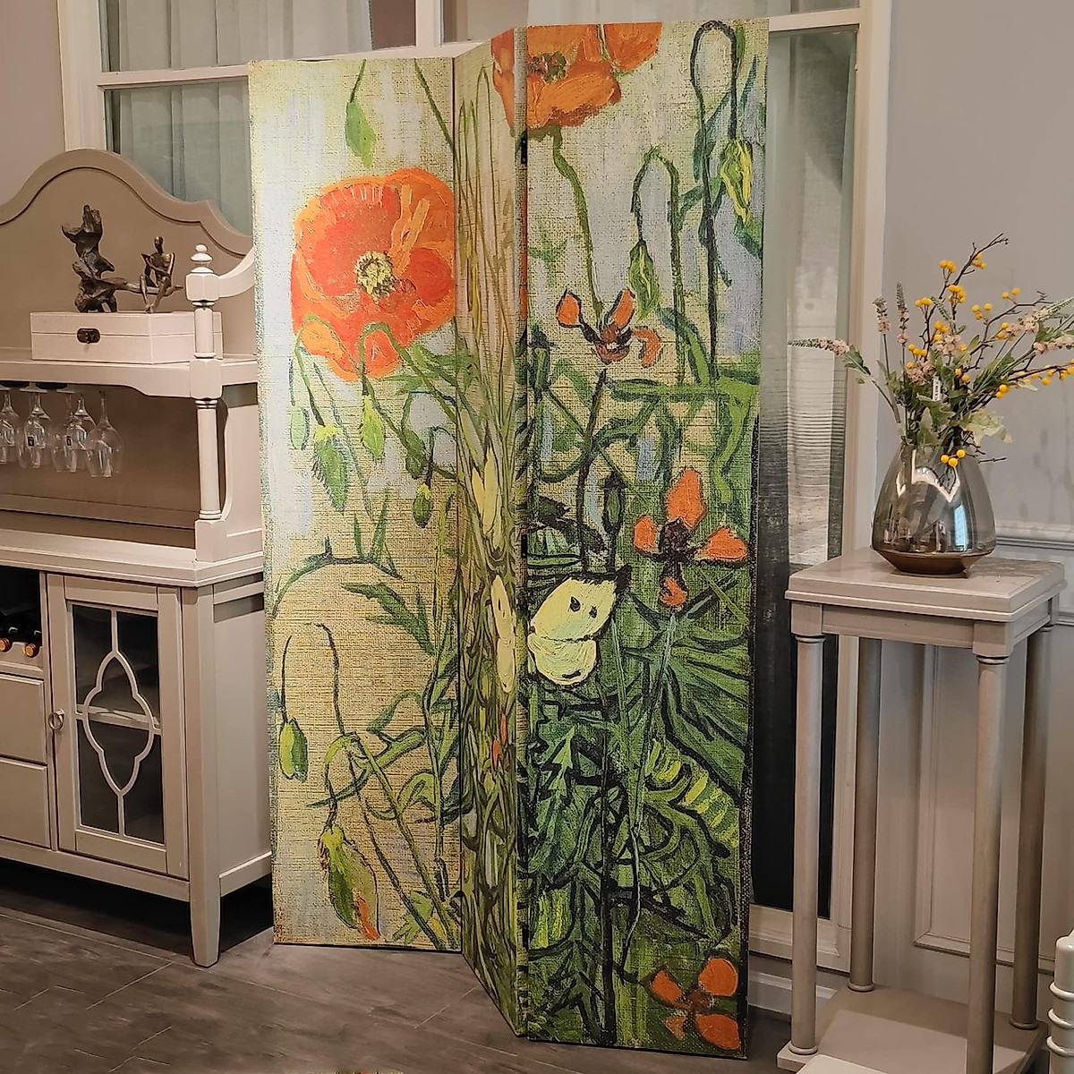 HOZUSO Room Divider Wood Privacy Screens Van Gogh's Butterflies and Poppies Painting Canvas 3-Panel Foldable Portable Separating Divider Room Partitions Freestanding Home Decor 71'' High
