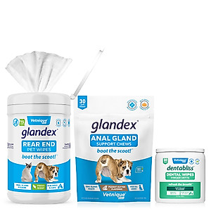 Dentabliss Dog Dental Wipes Finger Mitts 50ct Plus Glandex for Dogs Anal Gland Support Chews 30ct & Glandex Anal Gland Hygienic Pet Wipes 75ct Daily Health & Hygiene Pet Essentials Bundle