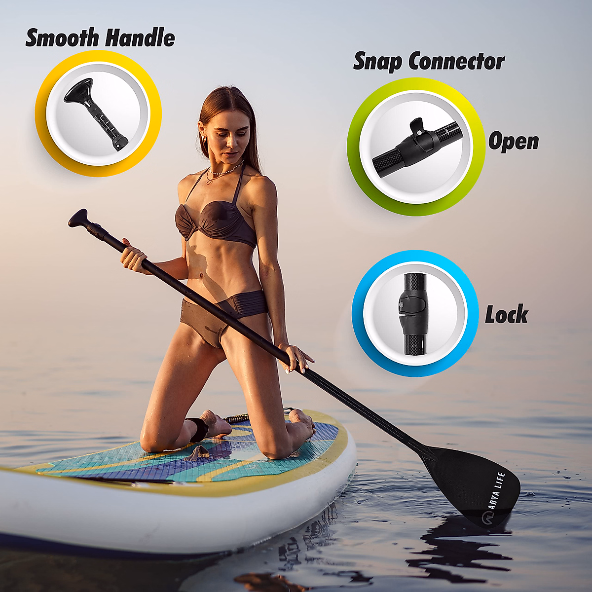Arya Life 3 Piece SUP Paddle, Canoe Paddle with Fiberglass Blade, Adjustable Carbon Fiber Shaft, 70-86 Inches, Black