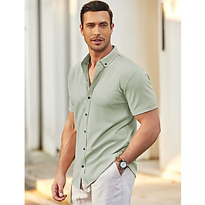 COOFANDY Men's Summer Untucked Stretch Shirt Casual Button Down Short Sleeve Muscle Shirts Light Green