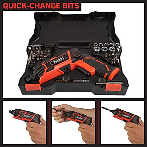 4V Electric Screwdriver 45-Piece Set - Rechargeable Cordless 4.5Nm 250RPM Screw Gun with Dual Position Grip and LED Light by Stalwart (Red)