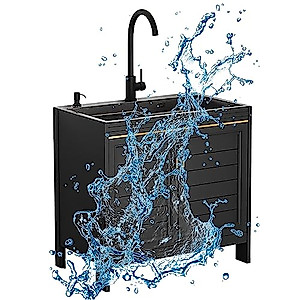 Stainless Steel Prep & Utility Sink Commercial Restaurant Sink Single Bowl Kitchen Sink with Cold and Hot Water Faucets Laundry Room Sink with Cabinet for Laundry Room Bathroom Far