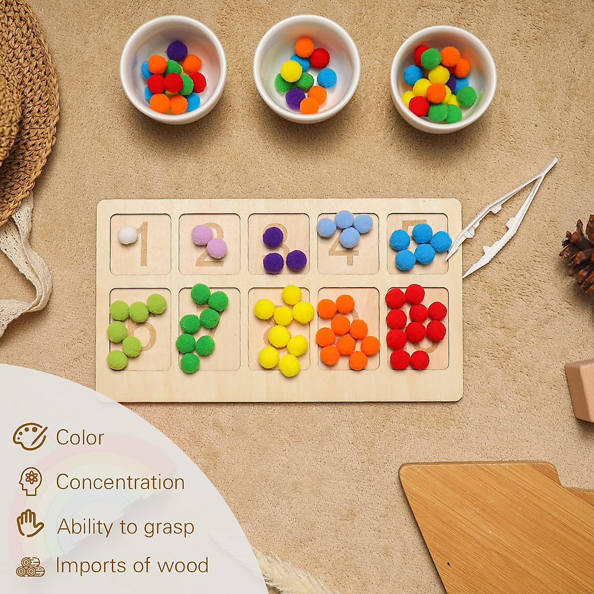bopoobo Wooden Peg Board Beads Game Rainbow Clip Bead Puzzle of Pompon Clip Beads Early Education Puzzle Board Game Toddler Educational Montessori Games for Math Learning (Digital Board)