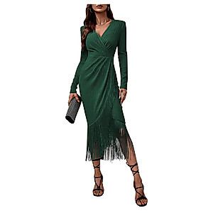 WDIRARA Women's Fringe Wrap Ruched V Neck Long Sleeve Solid Bodycon Party Maxi Dress Dark Green XL