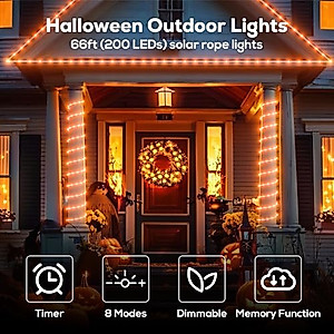 ICRGB Solar Halloween Lights, 66FT 200 LED Outdoor Rope Lights, IP67 Waterproof, 8 Modes Christmas String Lights for Outside, Tree Pathway Autumn Decorative