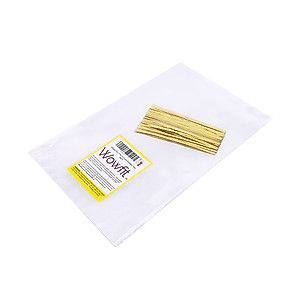 Wowfit 50 CT 9” x 14” Clear Flat Cellophane Gift Bags with 6" Gold Twist Ties, Cello Packaging for Goodies, Decorations, and Wedding Gift Wrapping