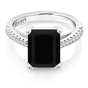 Gem Stone King 925 Sterling Silver Black Onyx and White Created Sapphire Women's Wedding Engagement Ring (3.39 Cttw, Gemstone Birthstone, 10X8MM Emerald Cut, Available In Size 5, 6, 7, 8, 9)
