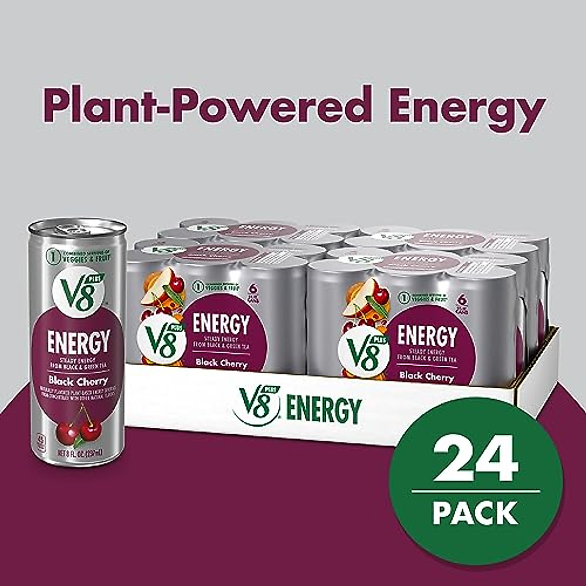 V8 +ENERGY Black Cherry Energy Drink, Made with Real Vegetable and Fruit Juices, 8 FL OZ Can (4 Packs of 6 Cans)
