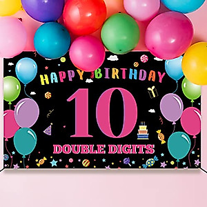HTDZZI 10th Birthday Decorations for Girl, Happy 10th Birthday Backdrop Banner, Double Digits 10 Year Old Birthday Party Yard Sign Photo Booth Props Poster Decor Supplies, Fabric, 6.1ft x 3.6ft