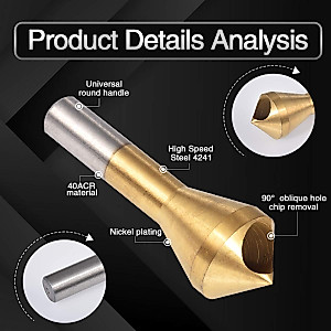 KATUR 4Pcs High Speed Steel Single-End Countersink, Deburring Drill Bit Set for Metal, 90 Degree Point Angle, 6/8/10/12mm Round Shank, 2-5, 5-10, 10-15, 15-20mm 4 Sizes Head Diameter(Gold)