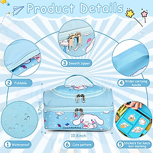 Cute Lunch Bag with Stickers - Cartoon Foldable Double Lunch Bag Large Compartment Lunch Tote Bags Insulated lunch box Bag for Work Travel School