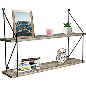 Sorbus® Floating Shelf with Metal Brackets — Wall Mounted Rustic Wood Wall Storage, Decorative Hanging Display for Trophy, Photo Frames, Collectibles, and Much More (2-Tier – Grey)