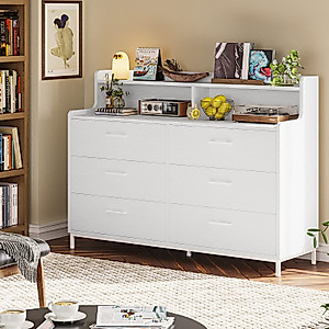Hasuit White Dresser for Bedroom with 6 Drawers and Storage Shelves, Wide Chest of Drawers with Sturdy Steel Legs, Large Wooden Storage Tower Dresser Organizer, Dresser for Bedroom, Clost, Entryway