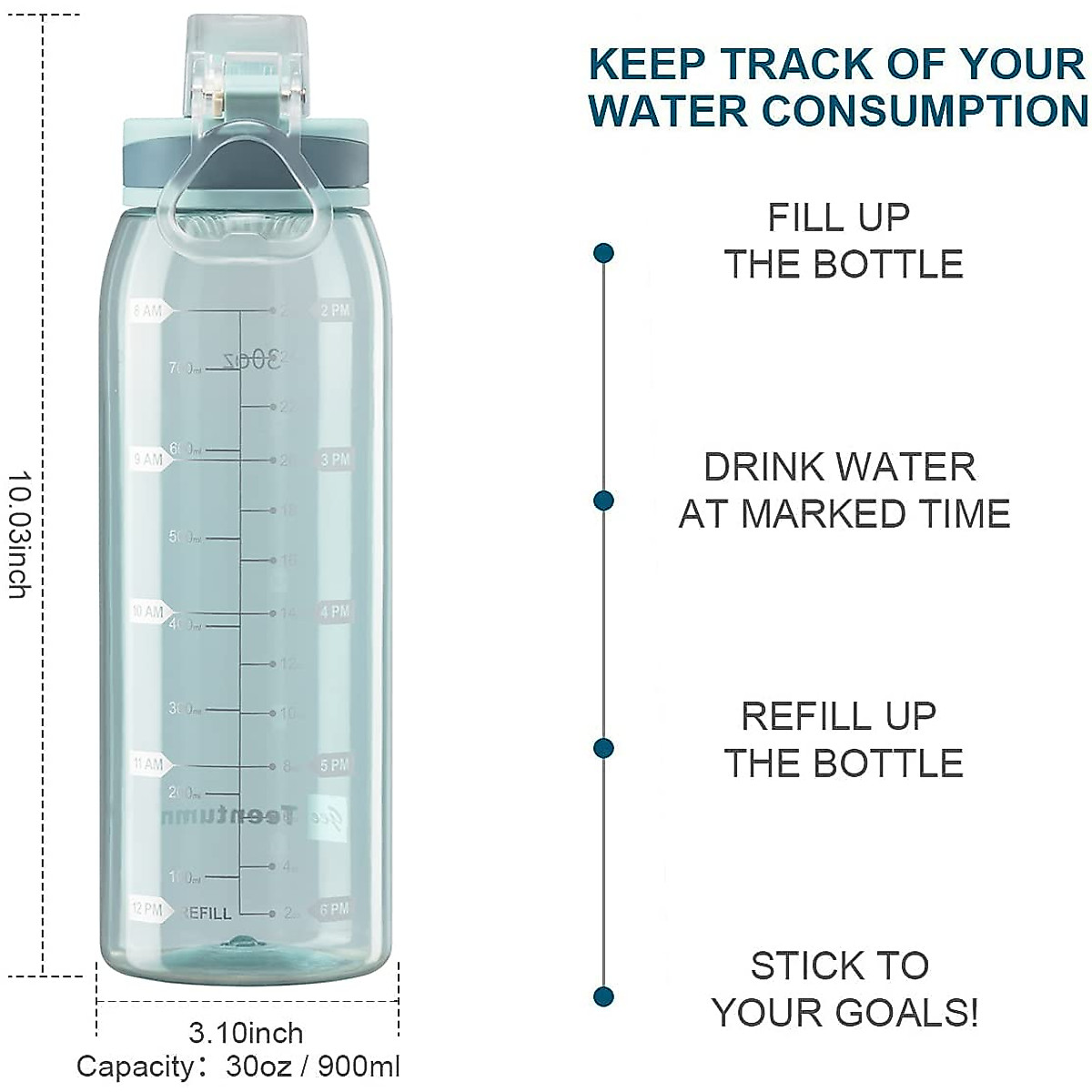 Teentumn 30oz Sport Water Bottle with Time Markers, Large Durable Gym Clear Plastic Bottle Tritan BPA Free for Fitness, Outdoor Enthusiasts, Leakproof Green (Pack of 1)