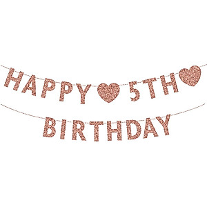 Rose Gold 5th Birthday Banner, Glitter Happy 5 Years Old Boy or Girl Party Decorations, Supplies