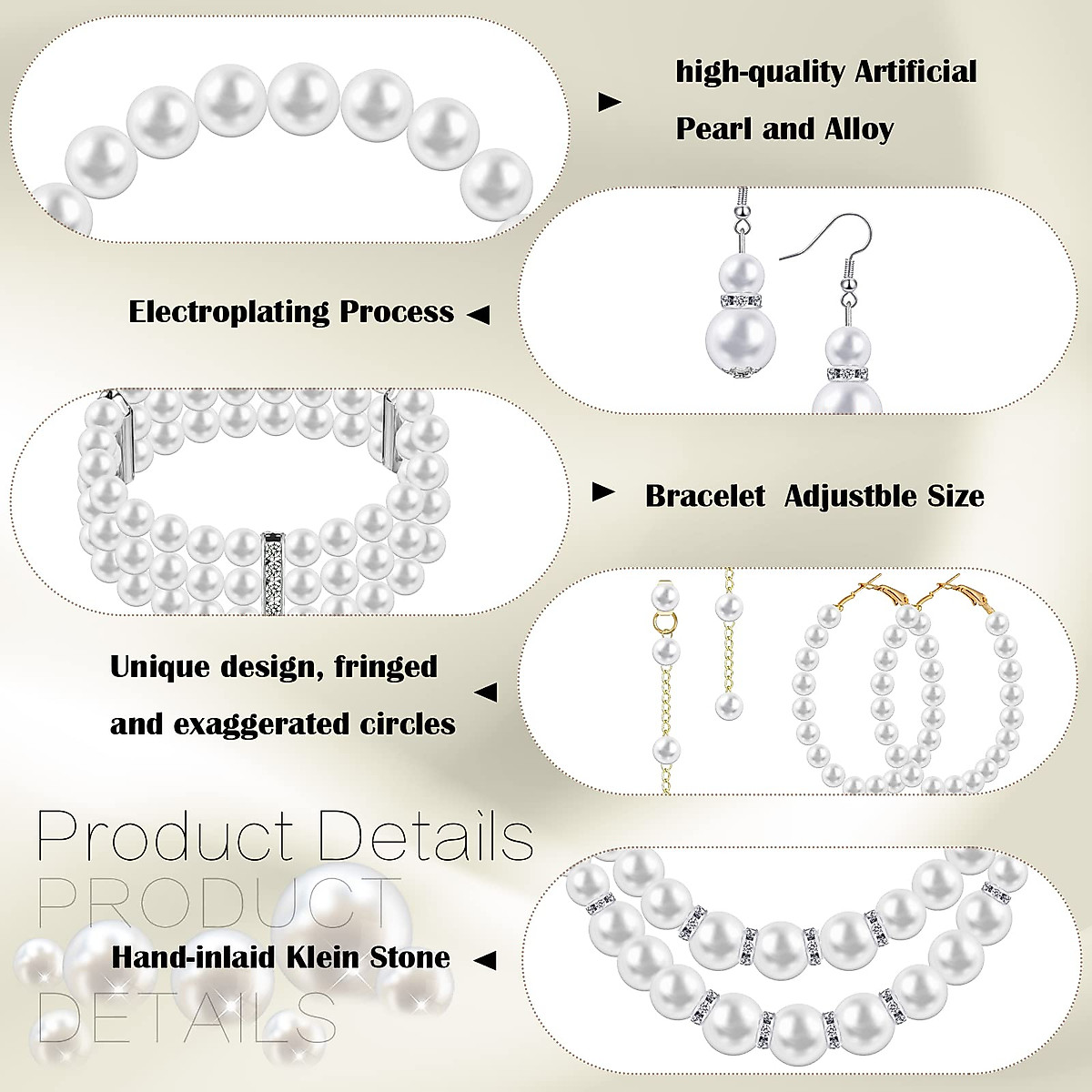 Bonuci 8 Pcs Pearl Jewelry Set for Women Wedding Pearl Necklace Pearl Earrings Pearl Bracelet Set 1920s Pearls Accessories(Graceful Style)