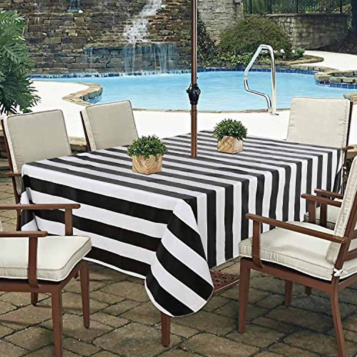 LUSHVIDA 100% PVC Outdoor Tablecloth with Umbrella Hole, Waterproof & Stain Resistant Vinyl Table Cloth for Spring Summer Patio Garden Tabletop Decor, Black/White Stripe, Rectangular 60x102 Inch