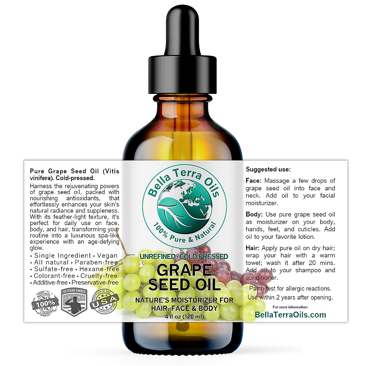 Bella Terra Oils - Organic Grape Seed Oil 4 oz - Embrace the Richness of Polyphenols & Flavonoids, Infused with Oleic Acid, For a Silky-Smooth Skin Finish
