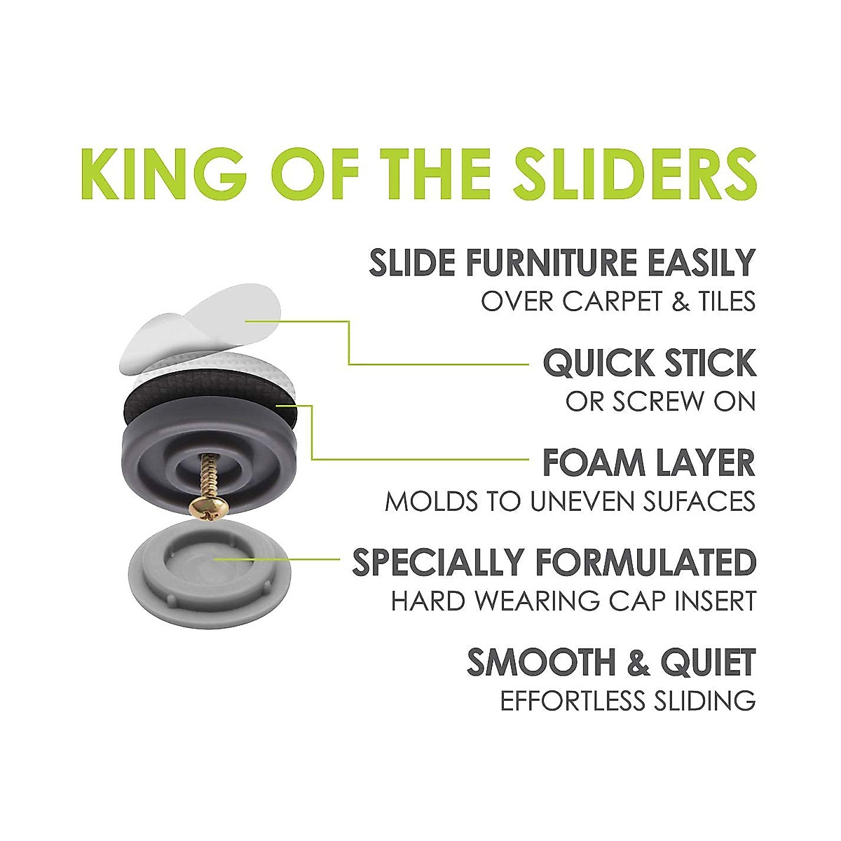 GorillaGlides 1 Inch Chair Sliders/Floor Protectors (16 Furniture Glides) Screw-On or Self-Adhesive, for Sliding on Carpet & Hard Surface Floors, Round, CB253-16