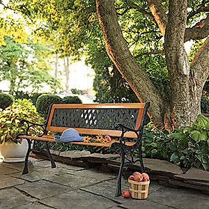 YYAO Garden Bench Outdoor Patio Bench 50" Metal Bench Park Bench with Armrests Backrest,Hardwood Patio Furniture Bench for Porch Work Entryway Yard Lawn,Bronze & Natural