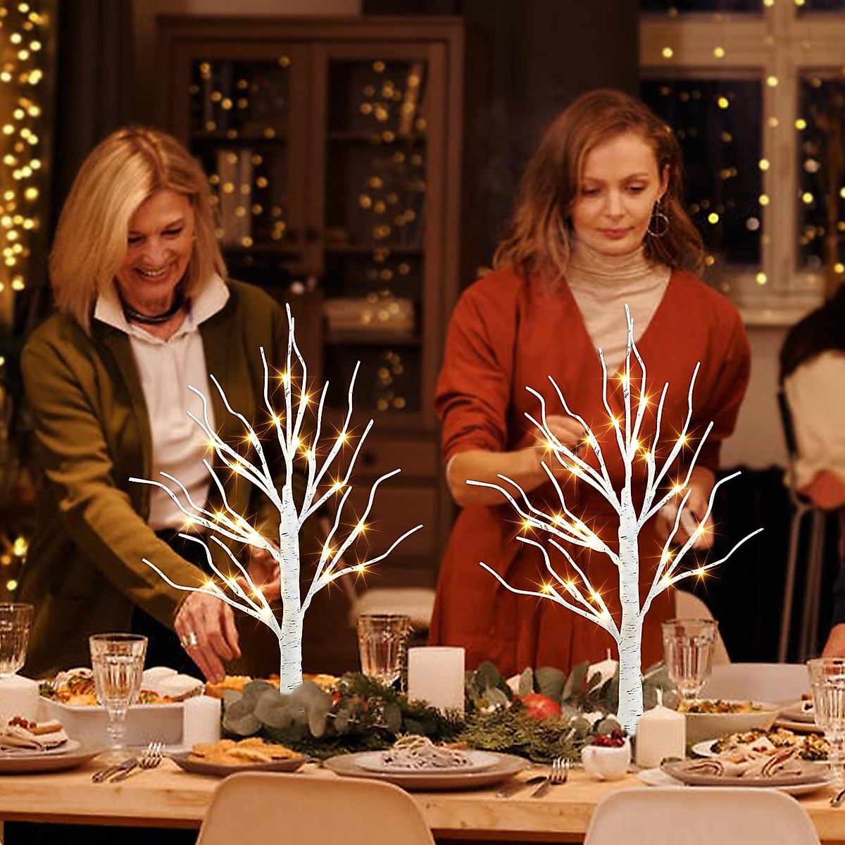 PEIDUO Easter Decorations for The Home, Set of 2 Easter Tree Battery Powered Timer, Lighted Birch Tree with LED Lights, Mantle Decor Lighted Trees for Decoration Inside (2FT Warm White)