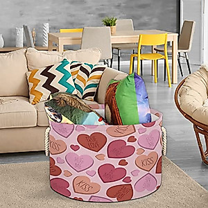 Candy Heart Valentines Day Large Round Baskets for Storage Laundry Baskets with Handles Blanket Storage Basket for Bathroom Shelves Bins for Organizing Nursery Hamper Girl Boy