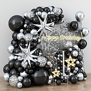 Black and Silver Balloon Garland Arch Kit with 3pcs Star Balloons, Silver and Black Balloon Confetti Latex Balloons for Birthday Wedding Graduation Baby Shower Disco Anniversary Party Decorations