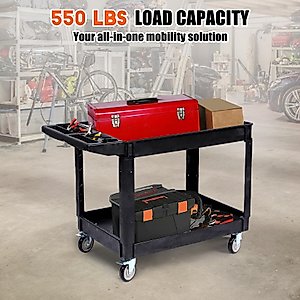 Utility Service Cart, 550LBS 2-Shelf Heavy Duty PP Rolling Utility Cart with 360° Swivel Wheels, Large Shelf, Storage Handle, for Warehouse/Garage/Cleaning