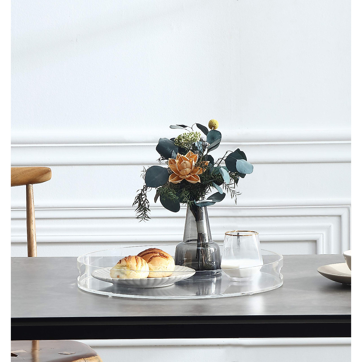 Artmaze Clear Sturdy Acrylic Round Tray with Handles,Spill Proof,for Kitchen (16 inch)