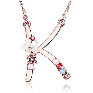 Flower Initial Necklace Amethyst Pink Ruby Red Opal Blue Simulated Pearl Pendant Name Jewelry Made with Swarovski Crystals Rose Gold Plated Anniversary Birthday Gifts for Women Girl,18"+2" (Letter K)