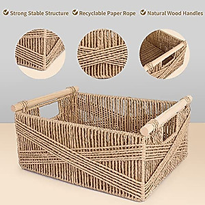 ANMINY 3 Pack Woven Storage Basket with Wood Handles Handmade Natural Paper Rope Decorative Boho Desk Wicker Storage Bins Box Set Nursery Baby Kid Large Meduim Small Shelf Organizer Container - Brown