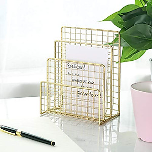 Geiornzer 3 Slots Letter Holder, Metal Multifunctional File Holder for Mails, Books, Brochures and Postcards, Desktop Office Organizer Decoration, 5.6” x 3.7” x 7.0” , Gold