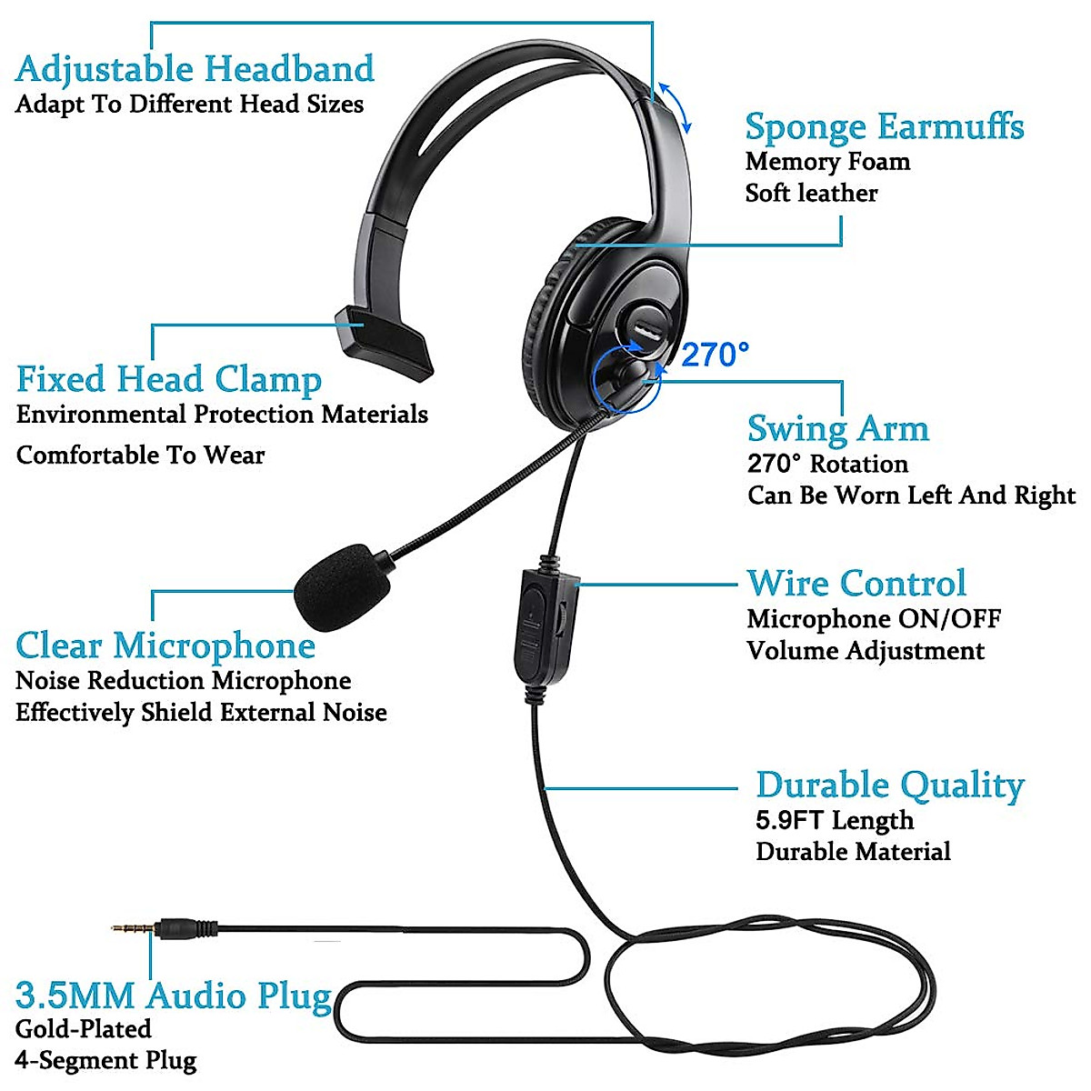 PS5 PS4 Unilateral Headset, 3.5mm Wired Online Gaming One Ear Headphone with Microphone for Playstation 5 4, PS4 Pro PS4 Slim Controller, Nintendo Switch, Laptop, Smartphone, Office Business