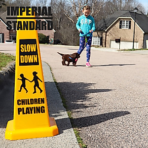 Imperial Standard Children Playing Cone (2 Pack) - Children at Play Sign - Four-Sided Slow Down Kids Cones - Child at Play Signs - Drive Slow/Kid Alert Sign