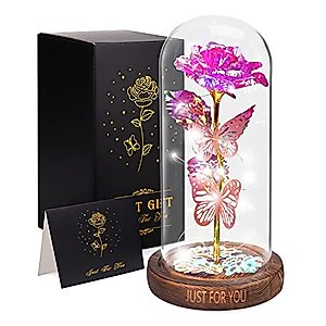 WOKEISE Light Up Rose Butterfly in Glass Dome,Birthday Gifts for Women, Anniversary Flower Lighted Roses Gifts for Women,Wife,Mom, Grandma,Girlfriend,Teenage Girls,Sister-Pink