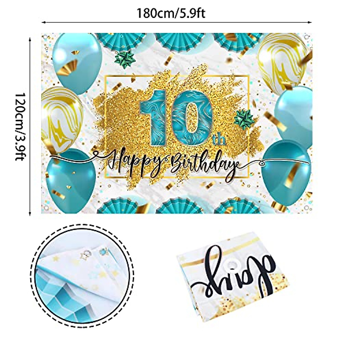 NC Teal Gold Happy 10th Birthday Backdrop Banner Decorations 10 Years Old Bday Background for Girls Boys Photography Party Decor Supplies Glitter