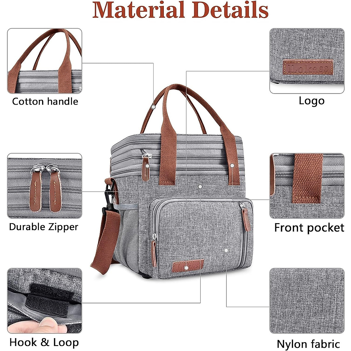 LOKASS Lunch Bag for Women/Men Work, 16L Expandable Double Deck Lunch box, Waterproof Leak-proof Cooler Bag, Portable Meal Prep Lunchbag with Adjustable Shoulder Strap-Grey