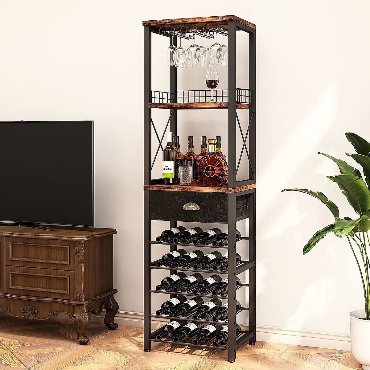 Homeiju Wine Rack Freestanding Floor, Bar Cabinets for Liquor and Glasses, 4-Tier bar cabinet with Tabletop, Glass Holder, Storage Drawer and Wine storage for Living Room, Kitchen, Home Bar(20 Bottle)