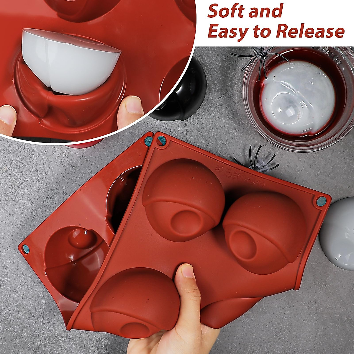 Webake Eyeball Jello Mold Silicone Halloween Jello Mold Shaped with Scary Eyes for Cake, Jelly, Hot Cocoa Bomb, Soap, 6-Cavity Semicircle Ball Mold for Halloween Trick or Treat Party