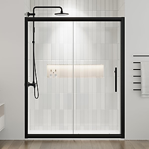 DELAVIN 60.in W x 72.in Semi-Frameles Black Shower Door with Clear Tempered Glass and Easy Roller System, Sliding Shower Door with Water Seal Strips, Glass Shower Door with Explosion-Proof Film