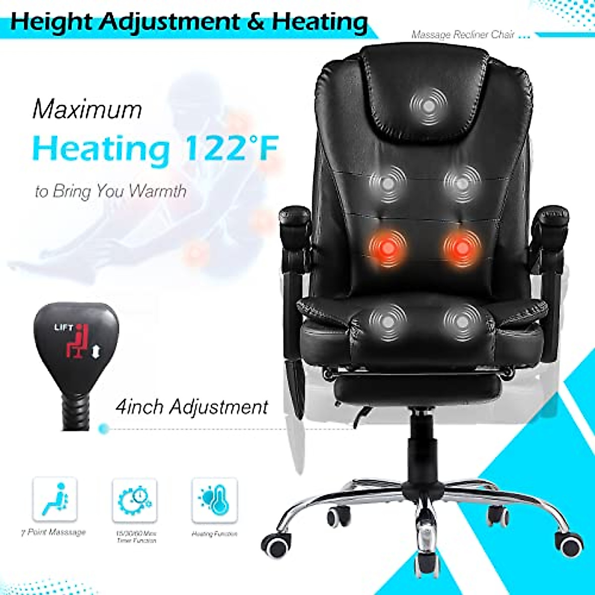 YODOLLA Ergonomic Reclining Office Chair, Heat & Massage High Back Desk Chair w/Retractable Footrest, Executive Swivel Leather Chair for Office, Home, Study, Black