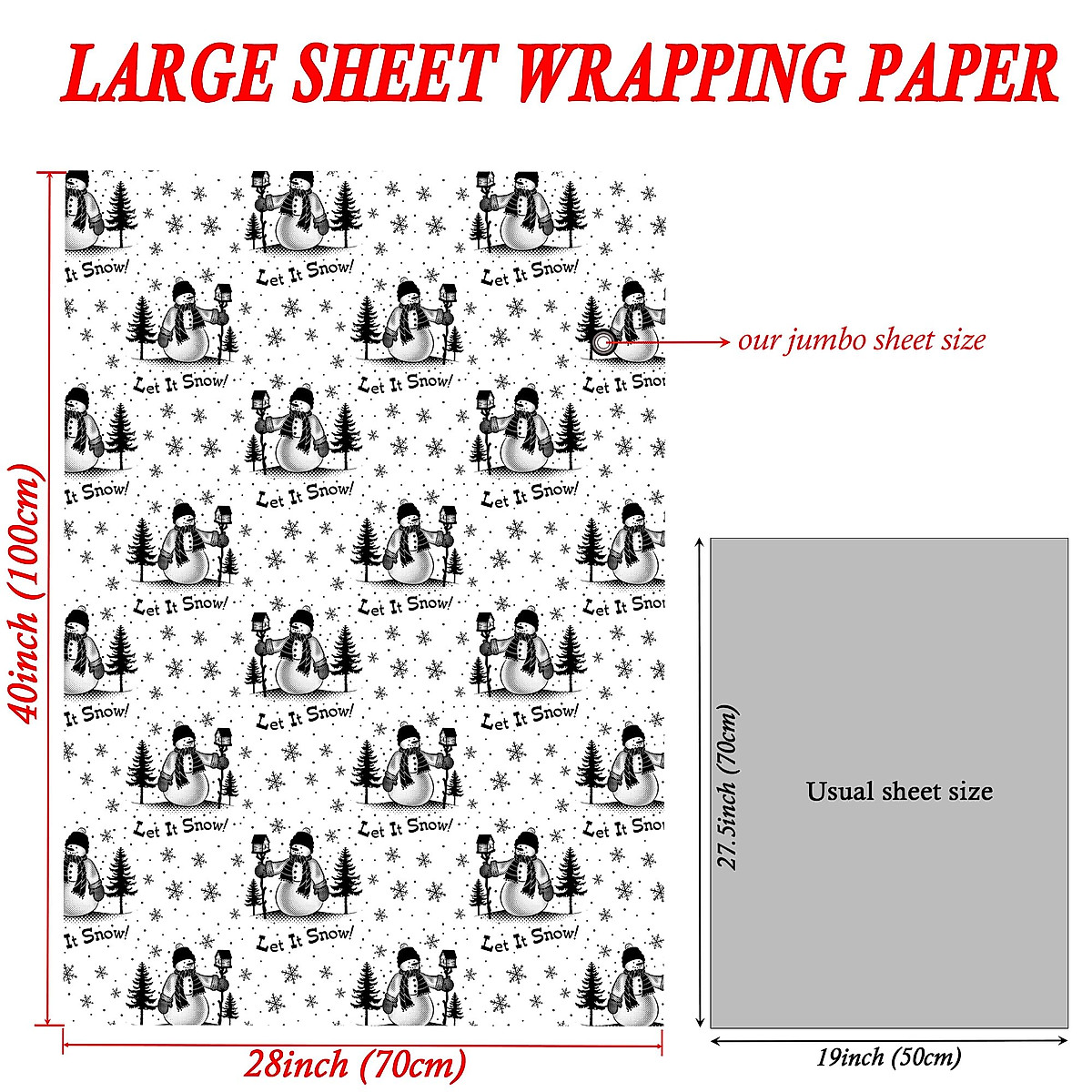 SaringSwoon Black White Christmas Wrapping Paper for Kids - Holiday Gift Wrap With Gnome, Reindeer, Snowman, Farmhouse, Xmas Tree Winter Designs - 40×28 Inches, 6 Folded Jumbo Sheets