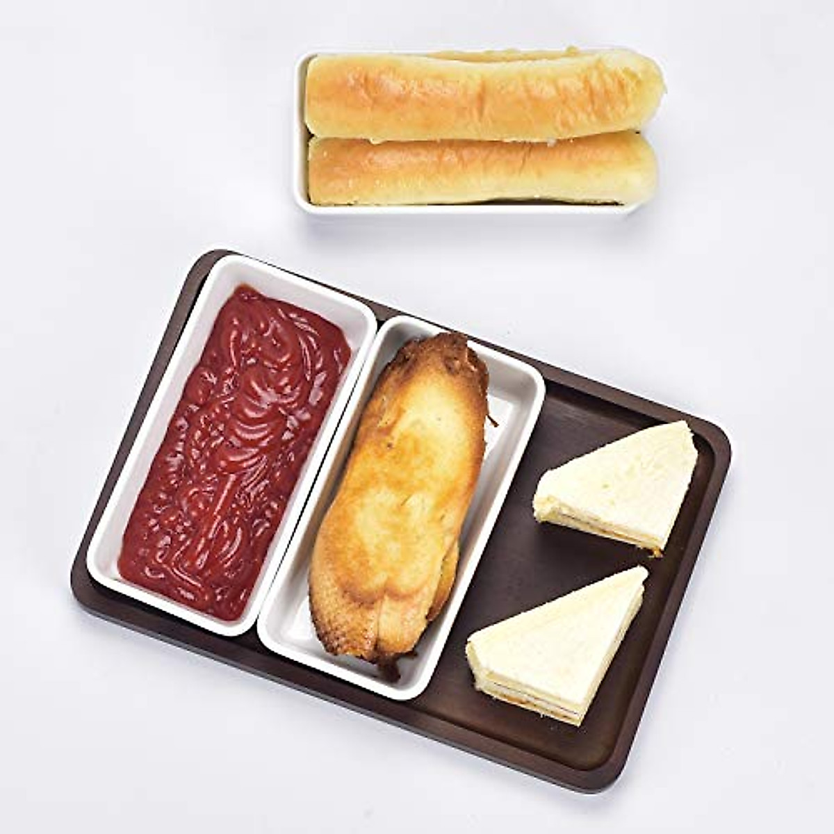 Creamic Snack Serving Tray 3 Pieces Long Strip Ceramic Bowls and A Brown Trays, Movable Moisture-Proof Food Bowls, Can Dress up Snacks, Fruits, Condiments, Bread, Barbecue, appetizers