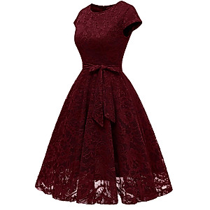 MUADRESS Women Cap-Sleeve Lace Floral Elegant Cocktail Dress Crew Neck Knee Length Bridesmaid Prom Dresses for Party Burgundy XL