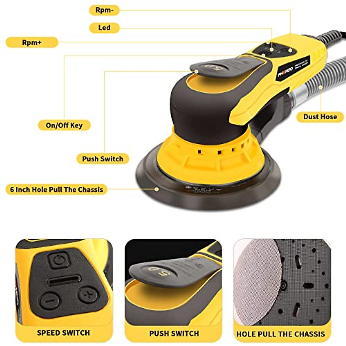 PHENDO Random Orbital Sander Brushless 350W 3A Multi-function Variable Speed Electric Corded Orbital Sanders Machine for Woodworking, car, Drywall Sanding, Polishing…