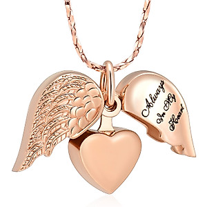 Imrsanl Cremation Jewelry for Ashes Heart Urn Necklace Pendants Ashes for Women Men Family Keepsake Memorial Angel Wing with Charm Heart for Loved Ones (Rose Gold)