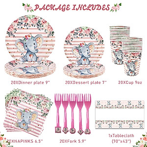 Elephant Baby Shower Decorations for Girl, Elephant Theme Tablecloths, Balloons, Backdrop, Banner, Plates, Napkins, Paper Cups, Forks for Birthday Party Decorations| Pink Grey White