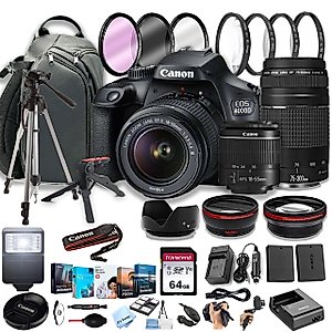 Canon EOS 4000D (Rebel T100) DSLR Camera w/EF-S 18-55mm F/3.5-5.6 Zoom Lens + 75-300mm F/4-5.6 III Lens + 100S Sling Backpack + 64GB Memory Cards, Professional Photo Bundle (42pc Bundle) (Renewed)