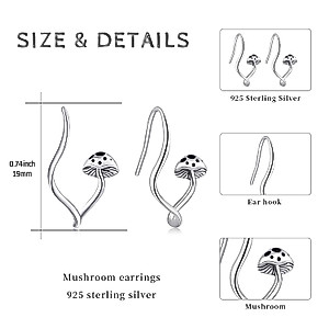 Mushroom Earrings Silver 925 Black Weird Mushroom Earhook Mushroom Jewelry Gifts for Women Hypoallergenic Earrings for Sensitive Ears