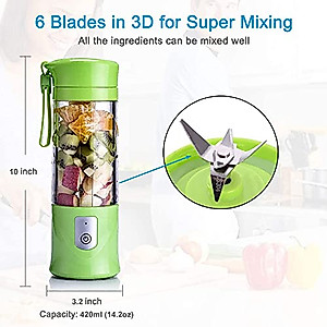 Portable Blender,Mini Personal Size Blenders for Smoothies and Shakes,USB Rechargeable Travel Juicer Cup Electric Fruit Juice Mixer with 6 Updated Blades for Travel, Sports, Kitchen,13.5Oz (Green)